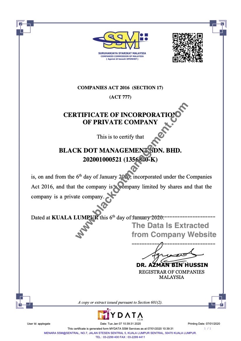 COMPANY CERTIFICATIONS – Black Dot Management Sdn. Bhd. (CIDB International Registered Contractor)
