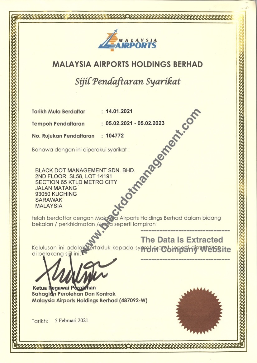 COMPANY CERTIFICATIONS – Black Dot Management Sdn. Bhd. (CIDB International Registered Contractor)